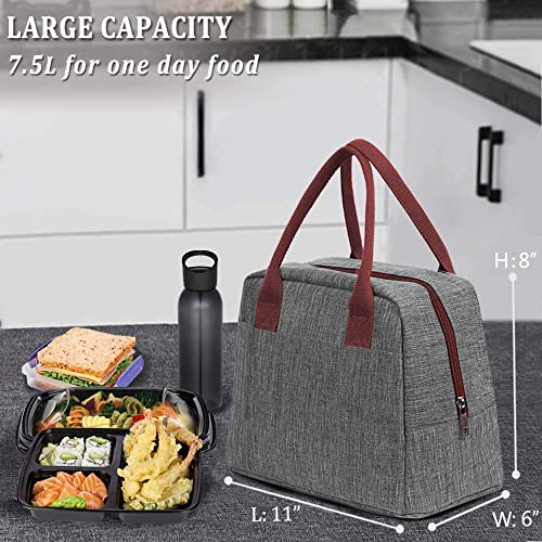 DIIG Lunch Bag for Women, Large Reusable Insulated Lunch Box for Work, Adult Foldable Tote for Office, Freezable Bag with Pocket, Gray/Floral/Flower/Flamingo Printing (Gray)