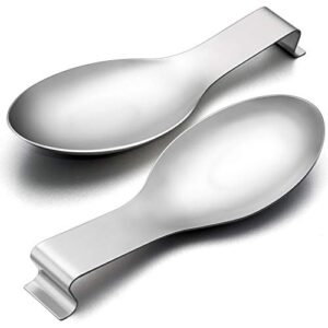 spoon rest set of 2, e-far stainless steel spoon ladle holder spatula rest for kitchen stove top, large size & dishwasher safe