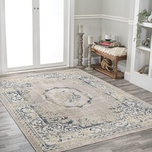 JONATHAN Y MDP401A-4 Rosalia Cottage Medallion Indoor Area-Rug Vintage Bohemian Easy-Cleaning Bedroom Kitchen Living Room Non Shedding, 4 ft x 6 ft, Ivory/Navy