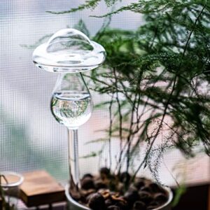 Kingbuy Self Watering Globes Plant Waterer Device Mushroom Shape Hand Blown Clear Glass Bulb for Indoor Outdoor Plants, 4 Pack