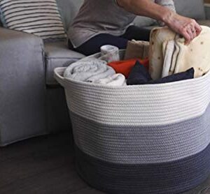 Nunus Home, Jumbo Woven Cotton Rope Basket (22"x22"x16") Blanket Basket, Blanket storage, Large Baskets for Blankets, Blanket Basket Living Room, Storage basket, Baskets for Organizing, Grey 3 shades