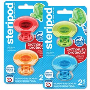 steripod clip-on toothbrush protector, keeps toothbrush fresh and clean, fits most manual and electric toothbrushes, blue, green, red, orange, 4 count