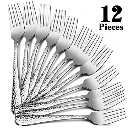 E-far 12-Piece Stainless Steel Hammered Dinner Forks Set, Salad Flatware Forks Use for Home, Kitchen, Restaurant, Round Edge & Mirror Polished, Dishwasher safe - 7.9 Inches