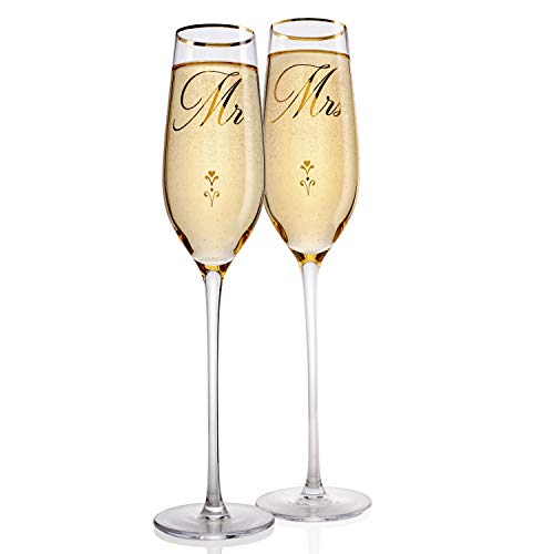 Bride and Groom Champagne Glasses (8 oz), Gold Print Mr and Mrs Glasses for Wedding Glasses and Toasting Flutes, Bridal Shower Gifts, Engagement Gift, Comes with Gift Box and Note Card