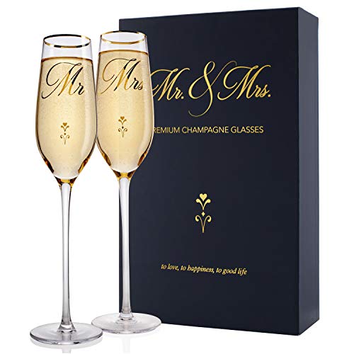 Bride and Groom Champagne Glasses (8 oz), Gold Print Mr and Mrs Glasses for Wedding Glasses and Toasting Flutes, Bridal Shower Gifts, Engagement Gift, Comes with Gift Box and Note Card