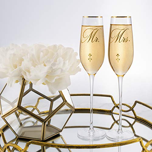 Bride and Groom Champagne Glasses (8 oz), Gold Print Mr and Mrs Glasses for Wedding Glasses and Toasting Flutes, Bridal Shower Gifts, Engagement Gift, Comes with Gift Box and Note Card