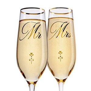 Bride and Groom Champagne Glasses (8 oz), Gold Print Mr and Mrs Glasses for Wedding Glasses and Toasting Flutes, Bridal Shower Gifts, Engagement Gift, Comes with Gift Box and Note Card