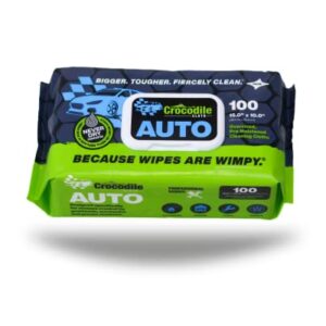 Crocodile Cloth Auto Cleaning Wipes - Clean Up Grease, Oil, and Adhesives on Hands, Tools, Parts, and More - 100 Large Disposable Wet Wipes for your Car. Safe on Face, Hands & Skin.