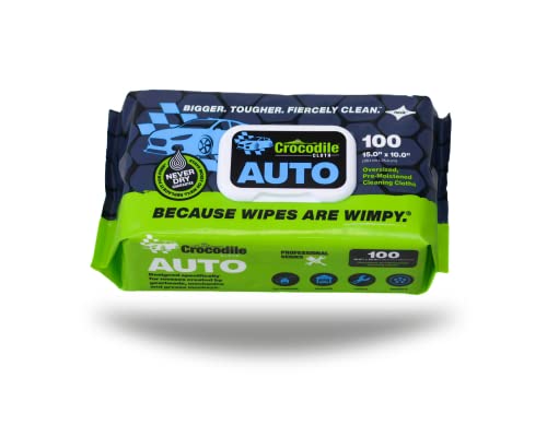 Crocodile Cloth Auto Cleaning Wipes - Clean Up Grease, Oil, and Adhesives on Hands, Tools, Parts, and More - 100 Large Disposable Wet Wipes for your Car. Safe on Face, Hands & Skin.