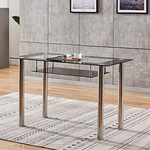 QIHANG-US Glass Dining Table with Storage Shelf, 2-Tier Kitchen Table for 2-6 People 47" Rectangular Dining Room Table with Chrome Metal Legs for Dining Guest Reception