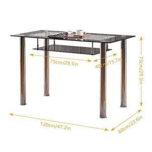 QIHANG-US Glass Dining Table with Storage Shelf, 2-Tier Kitchen Table for 2-6 People 47" Rectangular Dining Room Table with Chrome Metal Legs for Dining Guest Reception