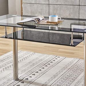 QIHANG-US Glass Dining Table with Storage Shelf, 2-Tier Kitchen Table for 2-6 People 47" Rectangular Dining Room Table with Chrome Metal Legs for Dining Guest Reception