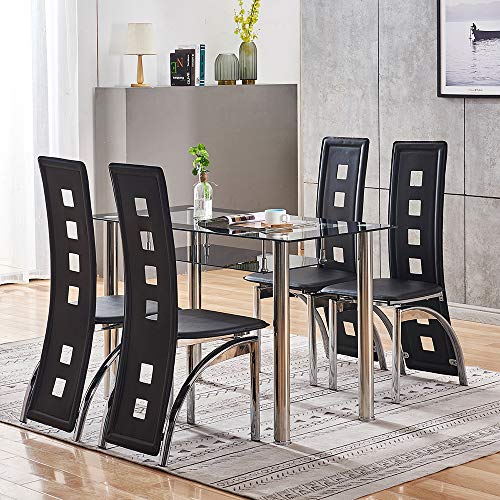 QIHANG-US Glass Dining Table with Storage Shelf, 2-Tier Kitchen Table for 2-6 People 47" Rectangular Dining Room Table with Chrome Metal Legs for Dining Guest Reception