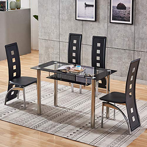 QIHANG-US Glass Dining Table with Storage Shelf, 2-Tier Kitchen Table for 2-6 People 47" Rectangular Dining Room Table with Chrome Metal Legs for Dining Guest Reception