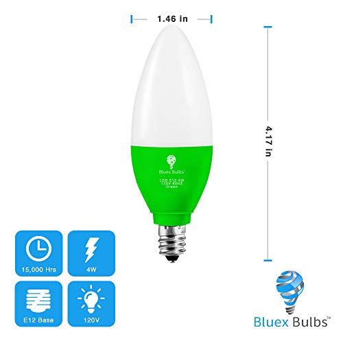 2 Pack BlueX LED Candle Green Light Bulb - 4W (40Watt Equivalent) - E12 Base Green LED Green Bulb, Party Decoration, Porch, Home Lighting, Holiday Lighting, Chandelier Light Bulbs, Candelabra Bulbs