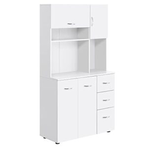 homcom 66" buffet with hutch, freestanding kitchen pantry with 2 large cabinets, 1 pull up cabinet, 3 drawers & wide countertop, white