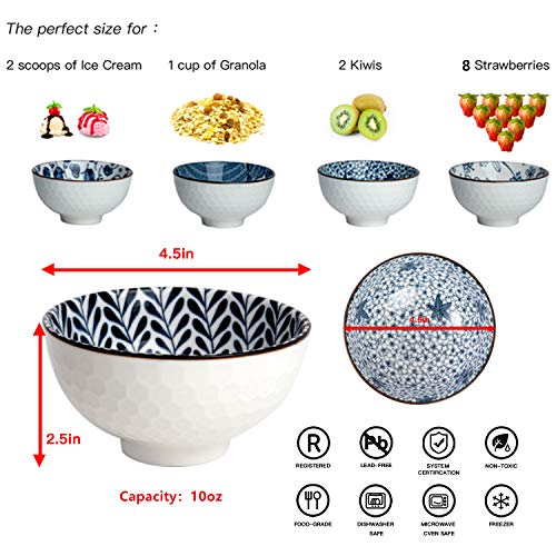 Swuut Japanese Style Ceramic Cereal Bowls,10 Ounces Salad,Soup,Rice Bowl Set,Blue and White (4.5 inch)