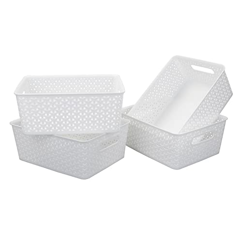 Farmoon 4 Packs Plastic Weave Storage Basket Bin, White