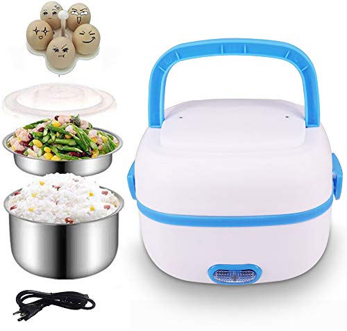 Sethruki Electric Lunch Box Heater Portable Food Warmer Bento Food Grade Material 2 Layers Steamer with Stainless Steel Bowls and Plate, Egg Steaming Rack, Cup, For Home and Office