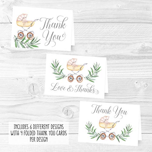 24 Carriage Baby Shower Thank You Cards With Envelopes, Boy or Girl Sprinkle Thank-You Note, 4x6 Gratitude Card Gift For Guest Pack, Gender Reveal DIY So Grateful Greenery Varied Event Stationery