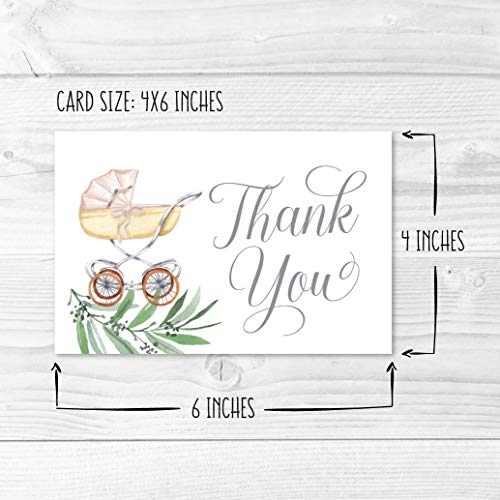 24 Carriage Baby Shower Thank You Cards With Envelopes, Boy or Girl Sprinkle Thank-You Note, 4x6 Gratitude Card Gift For Guest Pack, Gender Reveal DIY So Grateful Greenery Varied Event Stationery