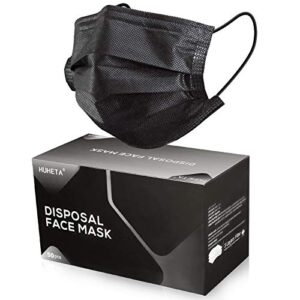 pack of 50 disposable face mask 3-ply breathable & comfortable safety mask, protective masks for indoor and outdoor - individually wrapped (black mask)