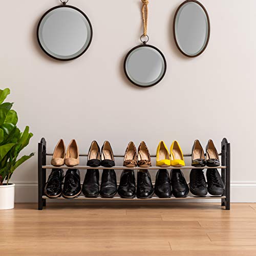 IRIS USA 2-Tier Shoe Rack for Entryway, 10 Pairs Extendable Shoe Organizer for Closet, Stackable Shoe Storage Organizer, Tall Black Shoe Shelf