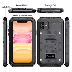 Beasyjoy iPhone 11 Case Waterproof Metal Case Heavy Duty Built-in Screen Full Body Protective Shockproof Dustproof Military Grade Rugged Defender Case Outdoor Case (Black)