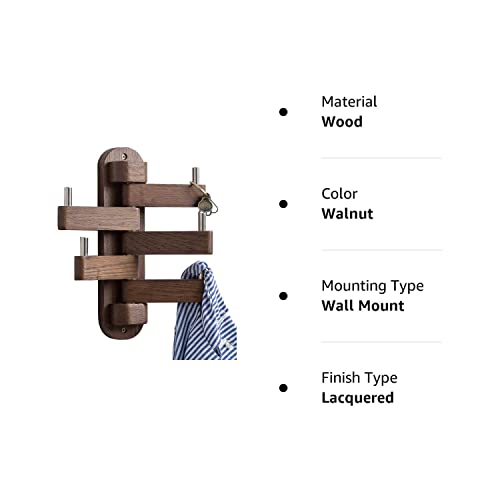 Coat Hooks for Wall, Walnut Wood Wall Hooks with 5 Swivel Foldable Arms, 12'' Length Wall Coat Rack Hat Hooks for Bathroom Entryway Bedroom Office Kitchen, Heavy Duty