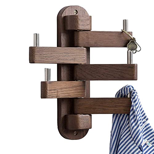 Coat Hooks for Wall, Walnut Wood Wall Hooks with 5 Swivel Foldable Arms, 12'' Length Wall Coat Rack Hat Hooks for Bathroom Entryway Bedroom Office Kitchen, Heavy Duty