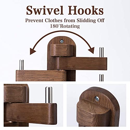 Coat Hooks for Wall, Walnut Wood Wall Hooks with 5 Swivel Foldable Arms, 12'' Length Wall Coat Rack Hat Hooks for Bathroom Entryway Bedroom Office Kitchen, Heavy Duty