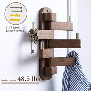 Coat Hooks for Wall, Walnut Wood Wall Hooks with 5 Swivel Foldable Arms, 12'' Length Wall Coat Rack Hat Hooks for Bathroom Entryway Bedroom Office Kitchen, Heavy Duty