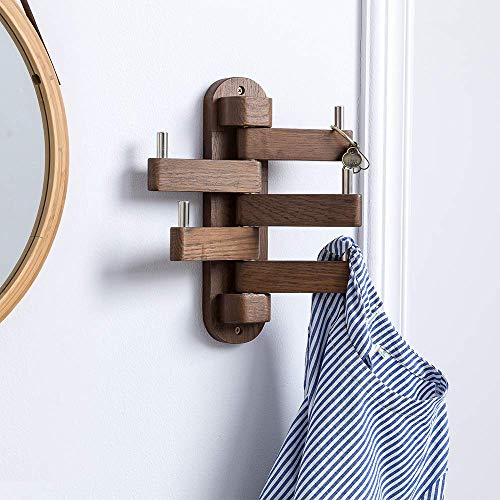 Coat Hooks for Wall, Walnut Wood Wall Hooks with 5 Swivel Foldable Arms, 12'' Length Wall Coat Rack Hat Hooks for Bathroom Entryway Bedroom Office Kitchen, Heavy Duty