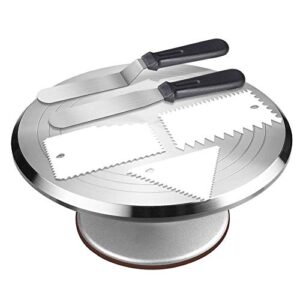 12’’ cake decorating turntable for cakes and desserts,aluminum alloy construction with 2 angled icing spatulas and 3 comb icing smoother