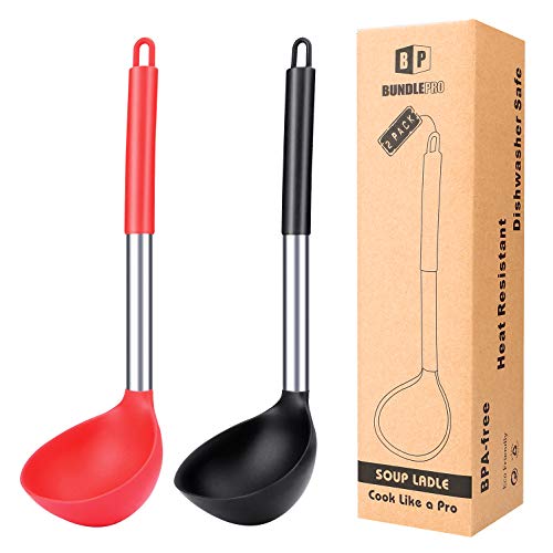 Pack of 2 Ladle Spoon,Silicone Large Spoon for Soup,Non Stick Kitchen Utensils with High Heat Resistant,BPA Free Perfect Kitchen Tools for Cooking, Stirring,Serving Soups (Black-Red)