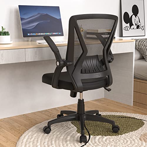 Qoroos Mesh Office Chair Ergonomic Mid Back Swivel Black Mesh Desk Chair Flip Up Arms with Lumbar Support Computer Chair Adjustable Height Task Chairs