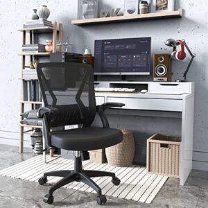 Qoroos Mesh Office Chair Ergonomic Mid Back Swivel Black Mesh Desk Chair Flip Up Arms with Lumbar Support Computer Chair Adjustable Height Task Chairs