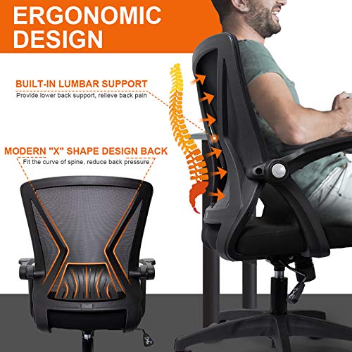 Qoroos Mesh Office Chair Ergonomic Mid Back Swivel Black Mesh Desk Chair Flip Up Arms with Lumbar Support Computer Chair Adjustable Height Task Chairs