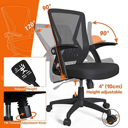 Qoroos Mesh Office Chair Ergonomic Mid Back Swivel Black Mesh Desk Chair Flip Up Arms with Lumbar Support Computer Chair Adjustable Height Task Chairs