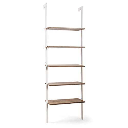 Tangkula 5-Shelf Bookcase, Modern 5-Tier Wood Wall Mounted Ladder Bookshelf with Metal Frame, 72 Inches Tall Industrial Open Ladder Shelf Display Rack Storage Shelves for Home Office (White, 1)