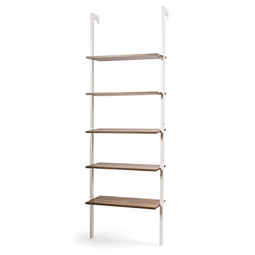 Tangkula 5-Shelf Bookcase, Modern 5-Tier Wood Wall Mounted Ladder Bookshelf with Metal Frame, 72 Inches Tall Industrial Open Ladder Shelf Display Rack Storage Shelves for Home Office (White, 1)