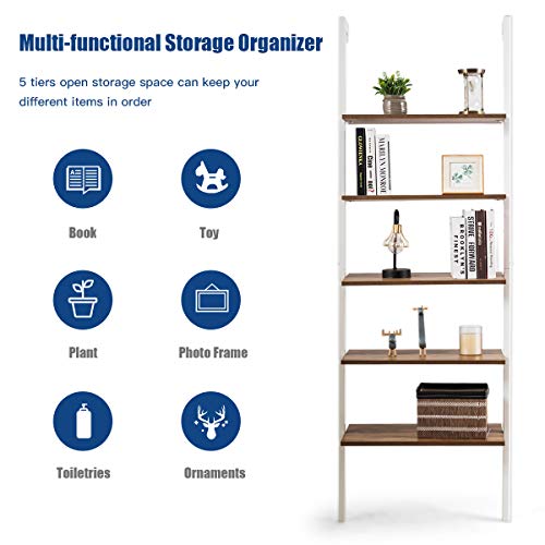 Tangkula 5-Shelf Bookcase, Modern 5-Tier Wood Wall Mounted Ladder Bookshelf with Metal Frame, 72 Inches Tall Industrial Open Ladder Shelf Display Rack Storage Shelves for Home Office (White, 1)