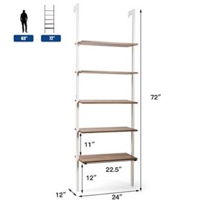 Tangkula 5-Shelf Bookcase, Modern 5-Tier Wood Wall Mounted Ladder Bookshelf with Metal Frame, 72 Inches Tall Industrial Open Ladder Shelf Display Rack Storage Shelves for Home Office (White, 1)