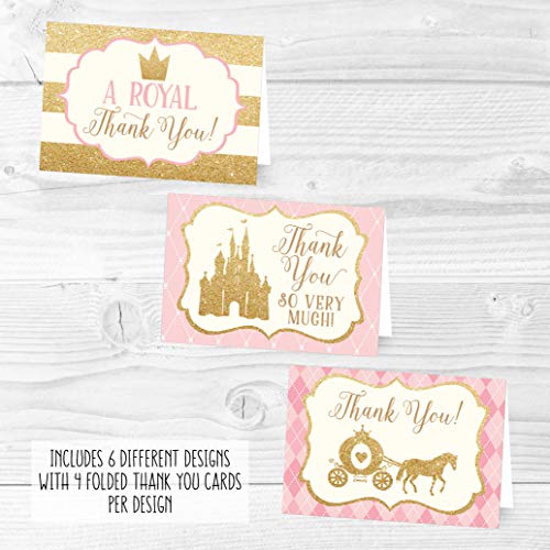 24 Princess Baby Shower Thank You Cards With Envelopes, Kids Thank-You Note, 4x6 Gratitude Card Gift For Guest Pack For Party, Birthday for Girl Children, Cute Pink Royal Queen Crown Event Stationery