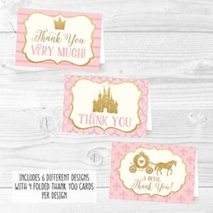 24 Princess Baby Shower Thank You Cards With Envelopes, Kids Thank-You Note, 4x6 Gratitude Card Gift For Guest Pack For Party, Birthday for Girl Children, Cute Pink Royal Queen Crown Event Stationery