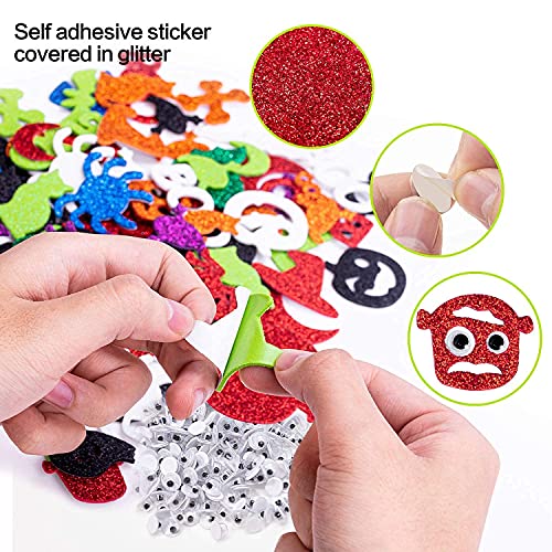 Halloween Foam Stickers 300Pcs, 200 Self-Adhesive Foam Glitter Sticker & 100 Wiggle Eyes, Pumpkin Ghost DIY Crafts for Halloween Thanksgiving Party