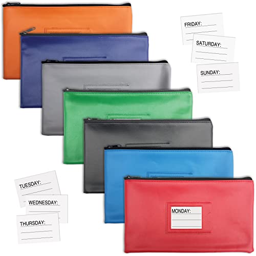 7 Pack, 7 days Zipper Security Bank Deposit Bag, Clear Window & 14 Insert Cards (Mon - Sun + Blank), by Better Office Products, Leatherette, 11.25" x 6.25", Cash Bag, Utility Pouch, Assorted 7 Colors