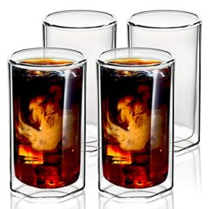 zens double walled glasses,unique octagonal 13.5 oz insulated coffee mugs set of 4, clear borosilicate glass cups for cappuccino or latte macchiato