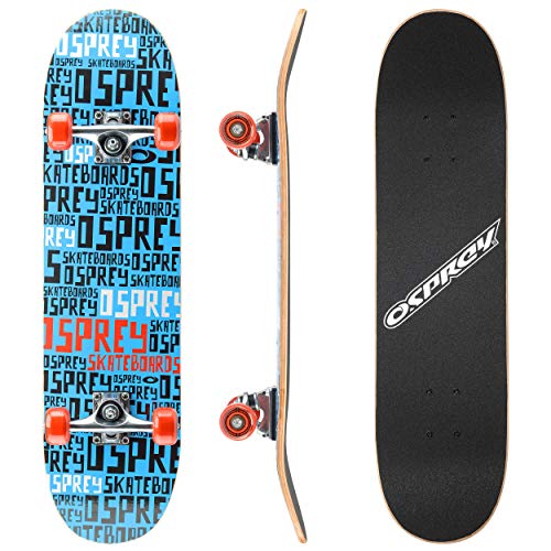 Osprey Complete Skateboards for Beginners | 31 x 8 Inch Skateboard for Kids Teens Adults with 7 Layer Canadian Maple Deck, Double Kick Concave Skateboard for Riding and Tricks, Multiple Designs