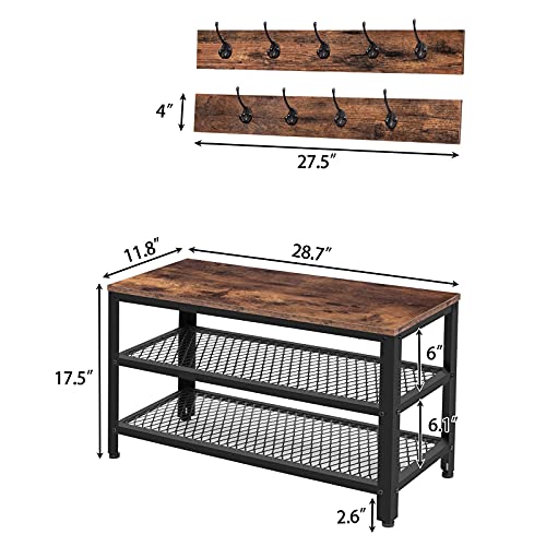 HOOBRO Coat Rack Shoe Bench, Hall Tree Entryway Storage Bench, Shoe Rack Organizer with Coat Hooks, 3-in-1 Design, Wood Furniture with Metal Frame, Rustic Brown and Black BF17MT01